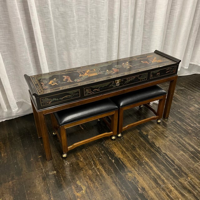 1970s Black Lacquer Chinoiserie Console Table with Stools - Set of 3 ...