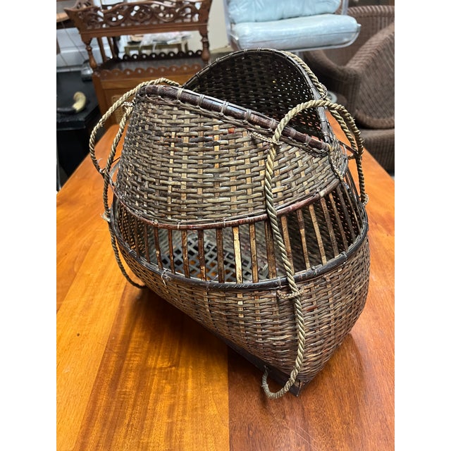 20th Century Rustic Asian Antique Bamboo Wicker Fish Basket | Chairish