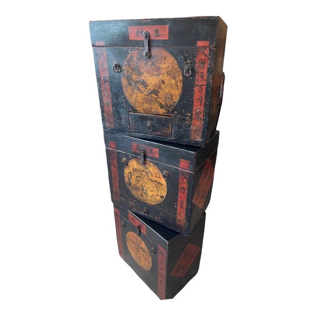 Antique 3 Chinese Boxes in Lacquered Wood With Design | Chairish