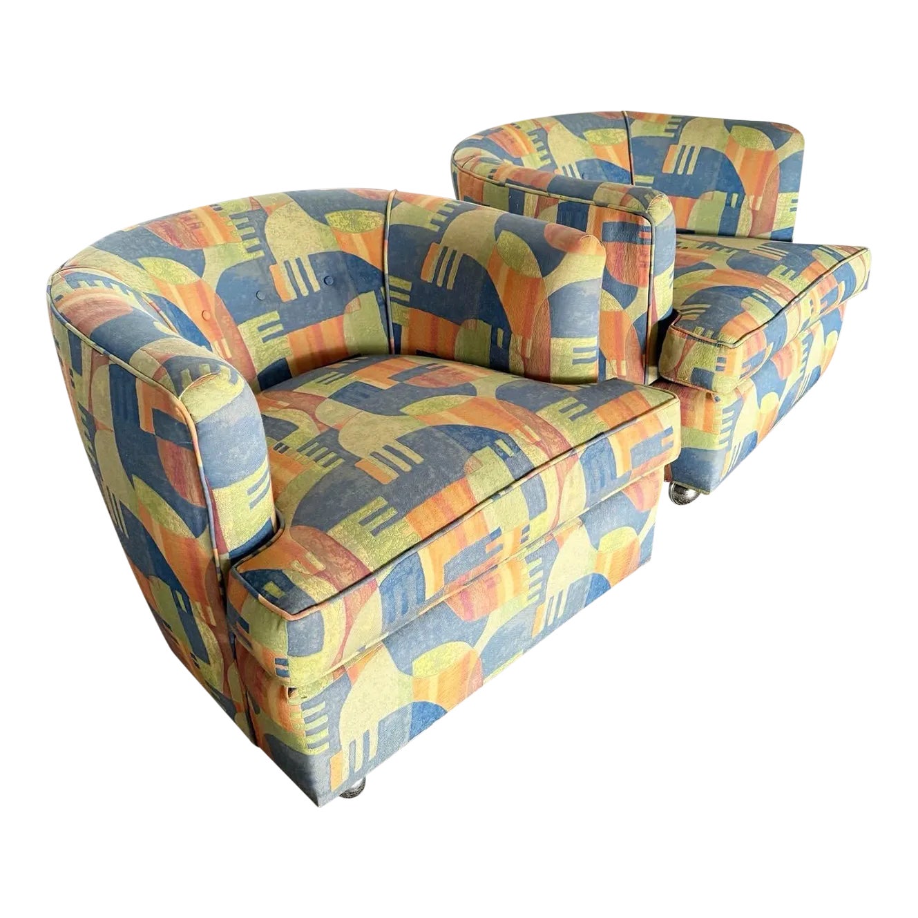 Postmodern Multi Color Barrel Chairs in Chrome Casters | Chairish