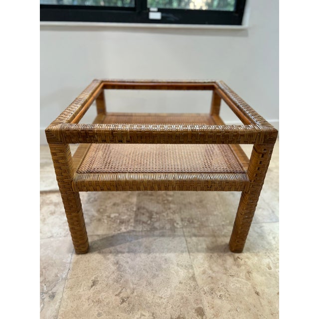 1970s Vintage Rattan Wrapped Side Tables With Glass Top - a Pair | Chairish