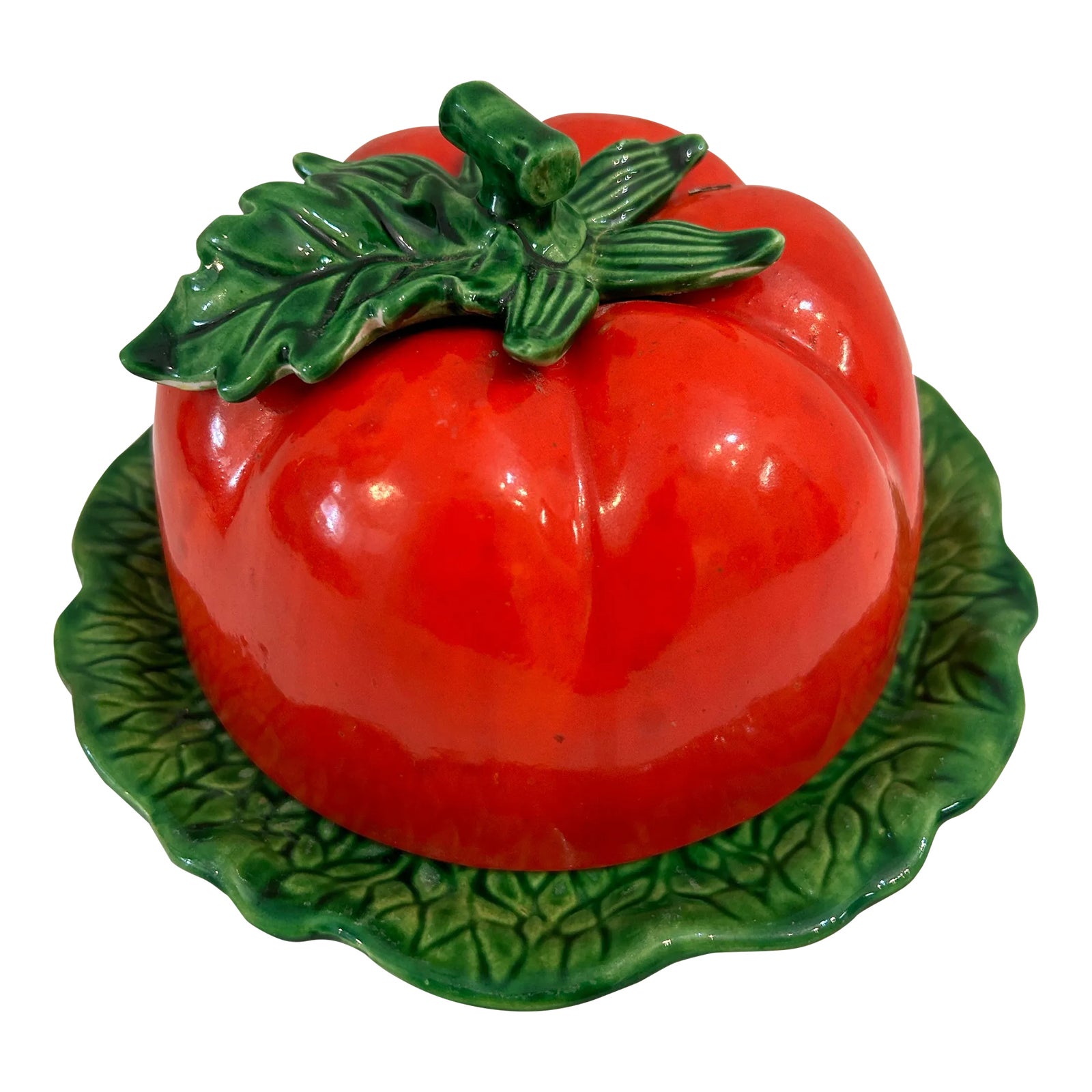 Vintage Majolica Tomato Butter or Cheese Dish - Plate With Lid | Chairish