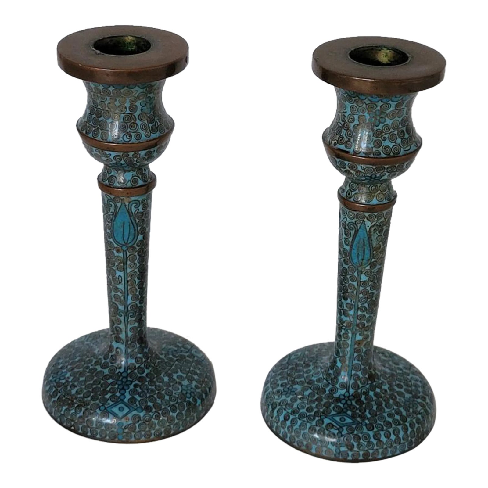 19th C Chinese Light Blue Cloisonne Candlesticks Candle Holders - a ...