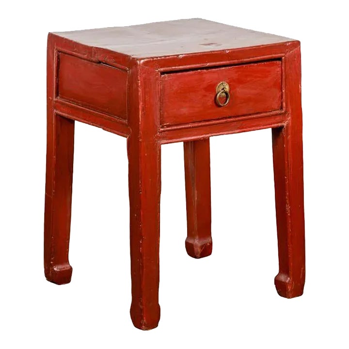 Late Qing Dynasty Red Lacquer Side Table with Single Drawer and Horse ...