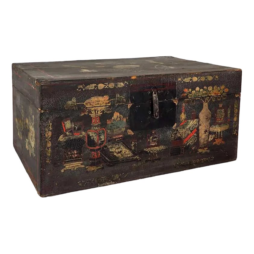 Antique Wooden Chest with Porcelain Vase Illustrations, 1900s | Chairish