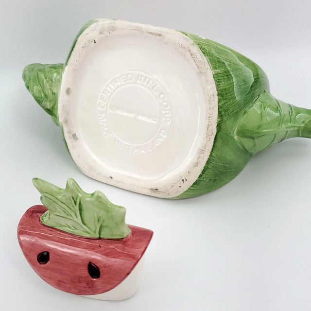Vintage Porcelain Ceramic Watermelon Tea Pot With Green Leaf Handles ...