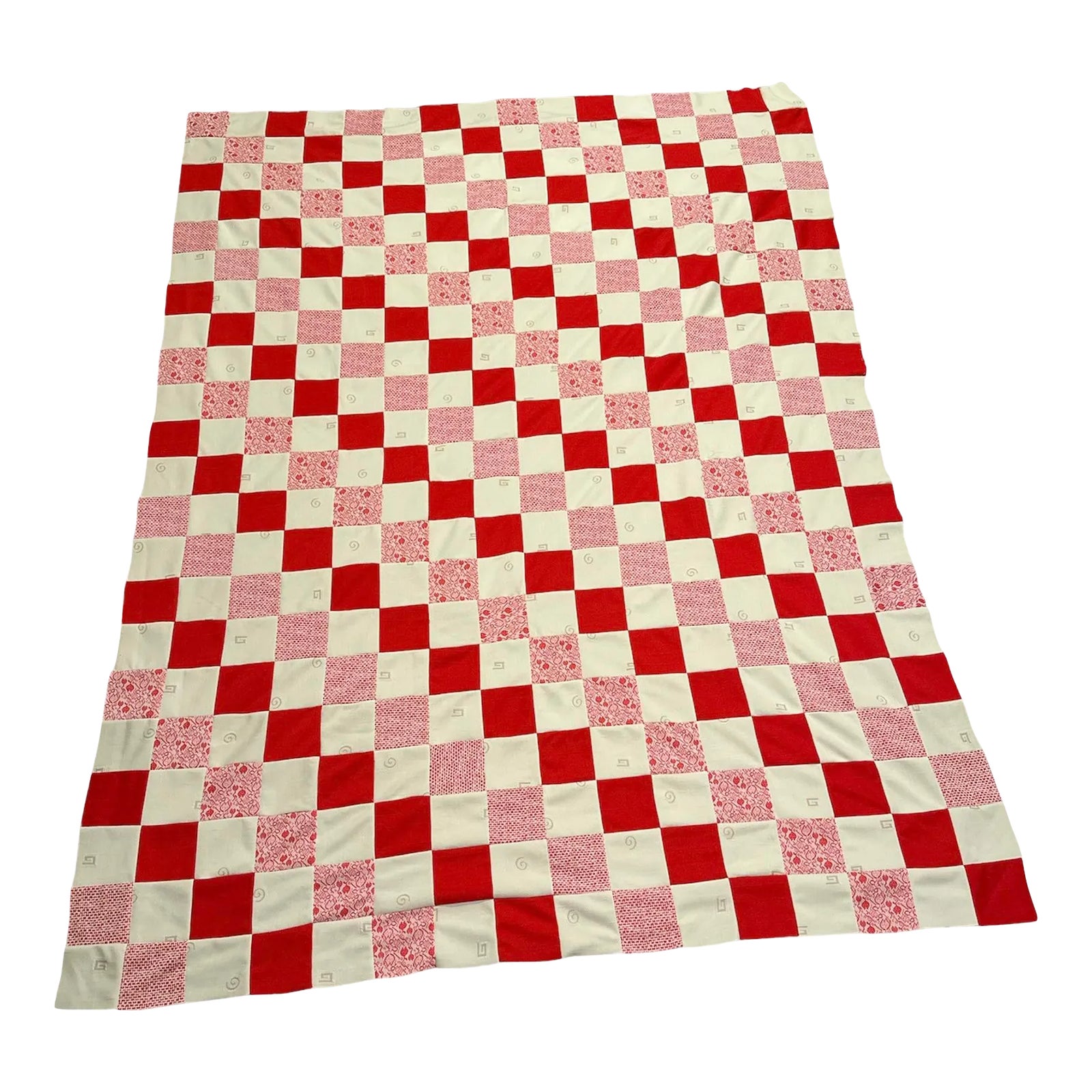Vintage Knit Red Cream Floral Diamond Checkerboard Quilt Top | Chairish