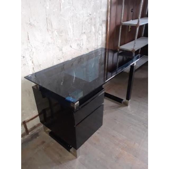 Black Lacquered Desk With Blue Glass Top | Chairish