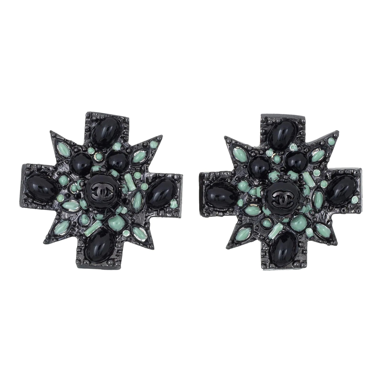 Chanel Large Black Cross Earrings c2011 Clip On Green Enamel CC Logo ...