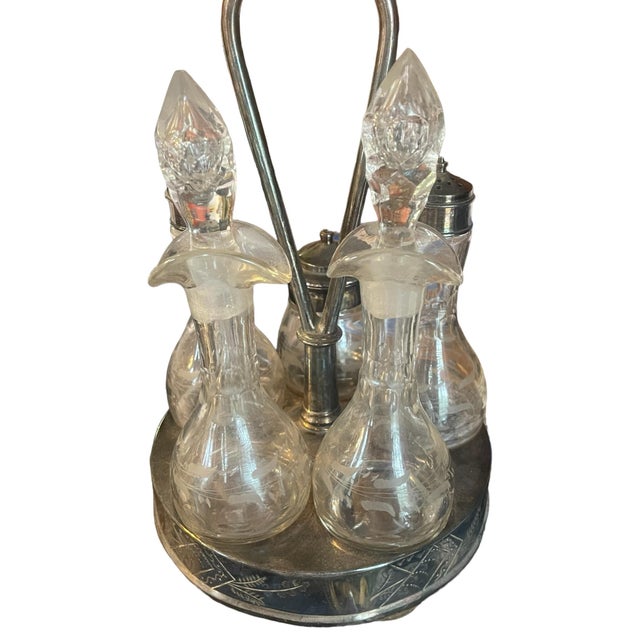 Antique Meriden B Company 5 Piece Condiment Set, Etched Glass, Spoon ...