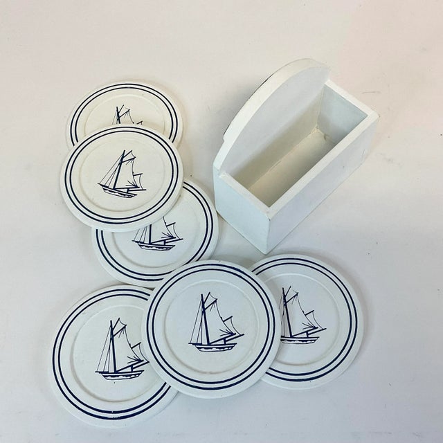1990s Coastal Chic Wooden Sailboat Coasters With Anchor Motif Caddy Set ...