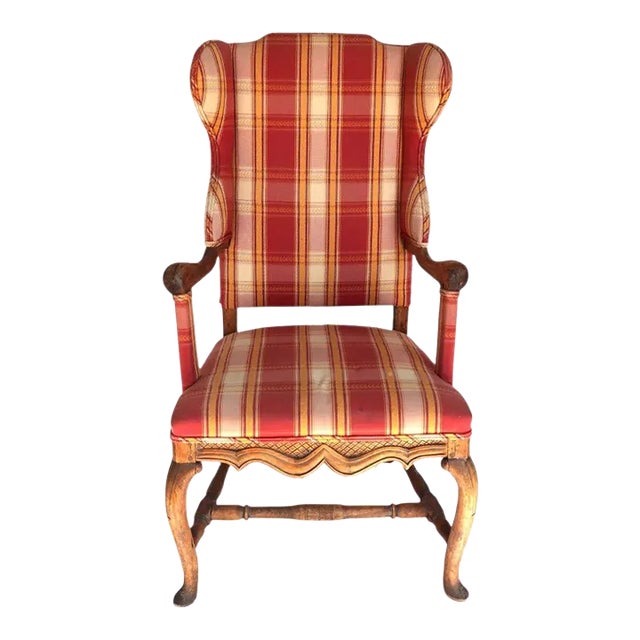 Swedish Gustavian Birch Plaid Upholstered Wingback Armchair | Chairish