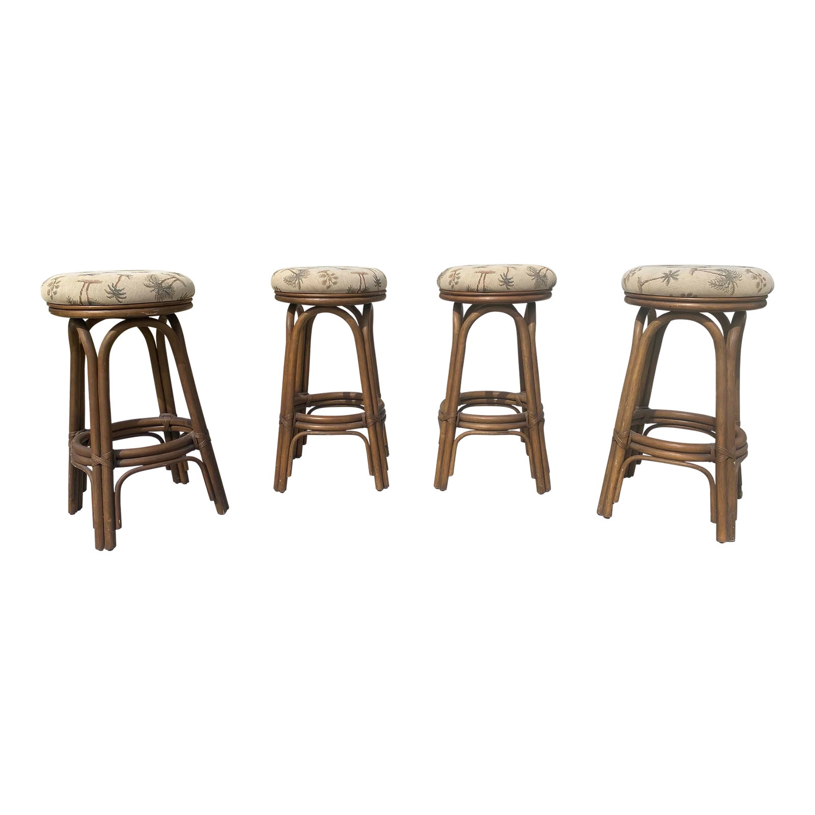Vintage Set of 4 Boho Coastal Rattan Bar Stools With Palm Tree Pattern ...
