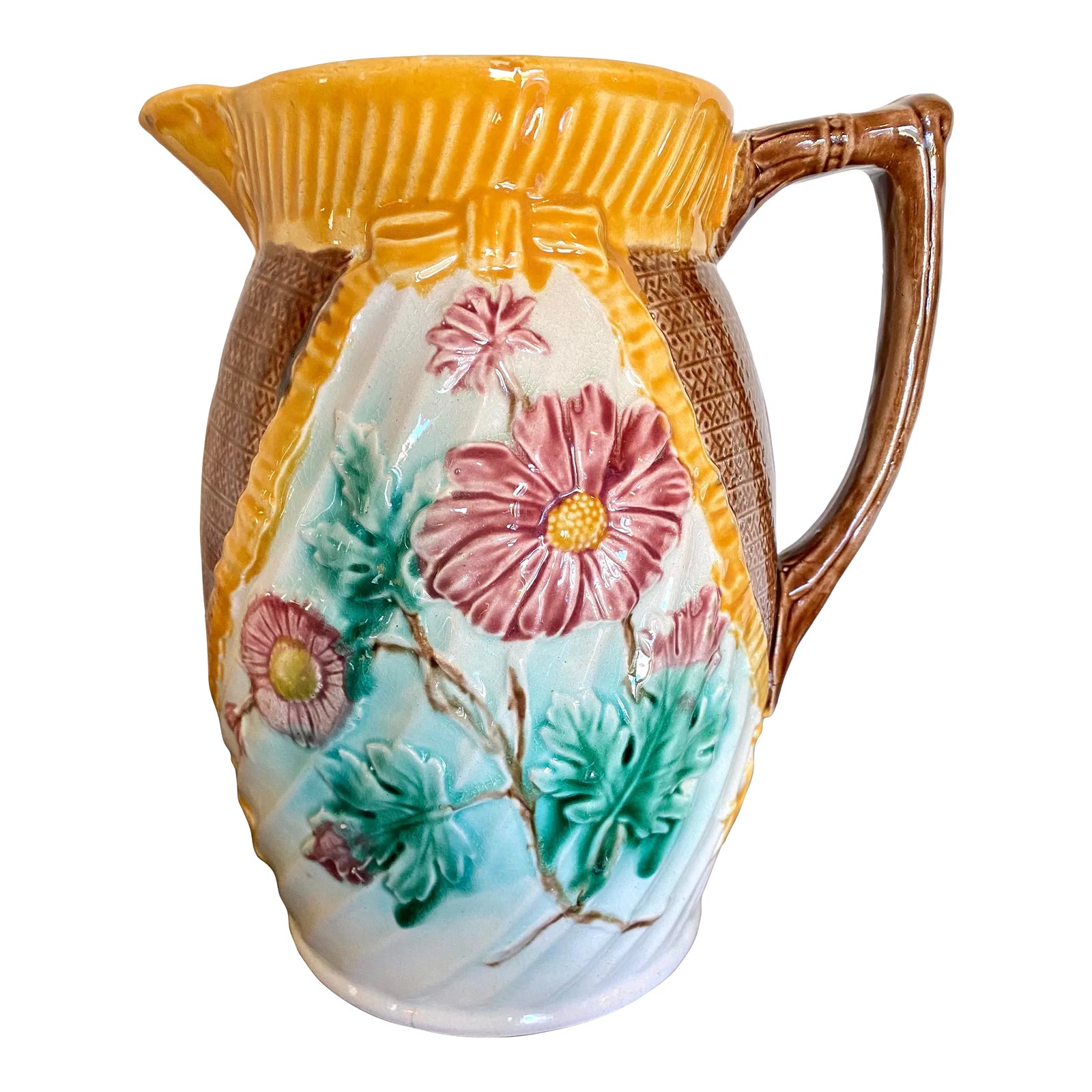 Antique Majolica Pitcher With Pink Flowers | Chairish