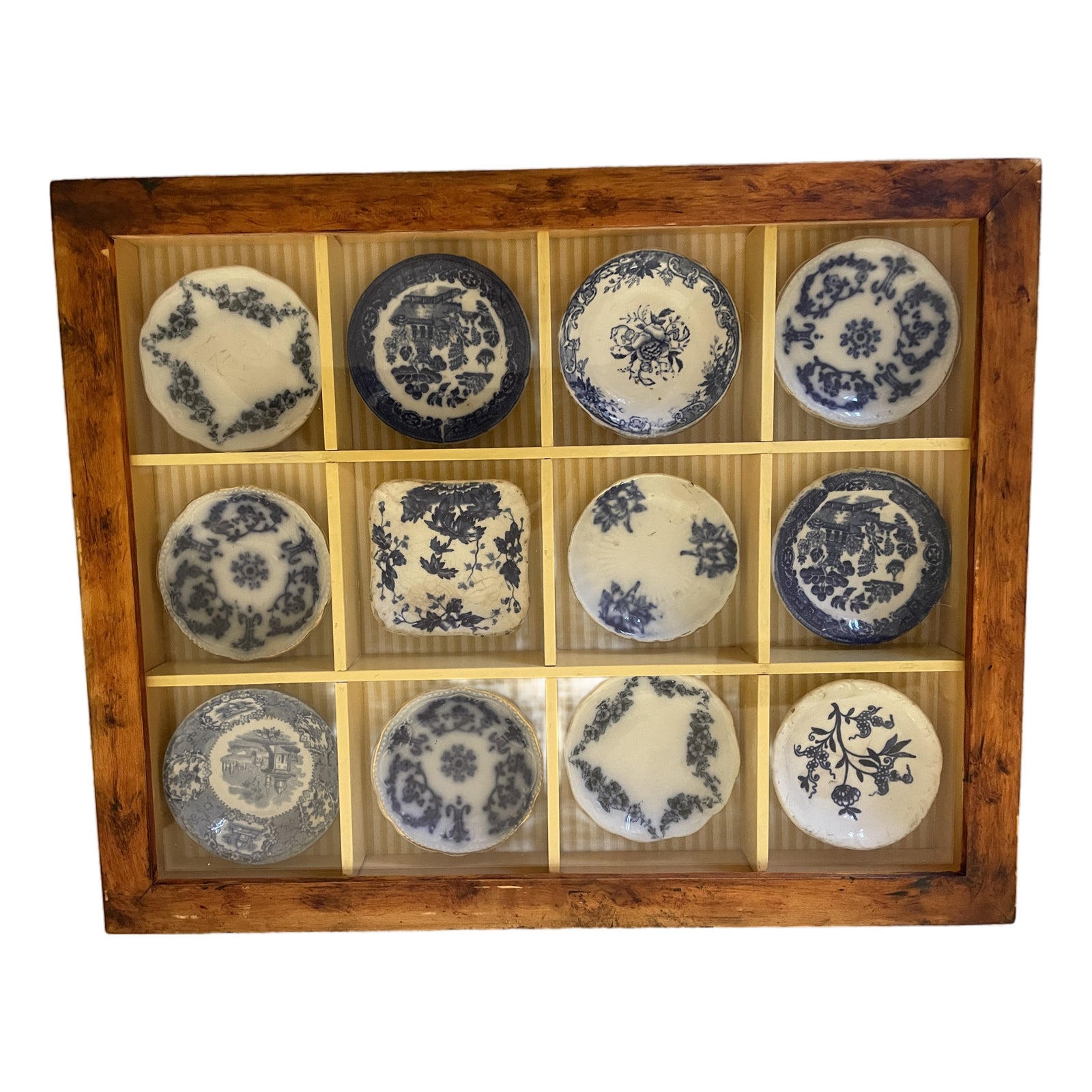 Late 19th Century Blue and White Butter Pats in Shadow Box Frame | Chairish