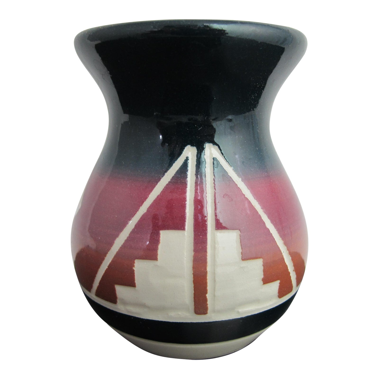 Small Glazed Native Pottery Vase W/Magenta Black Brown Geometric Design ...