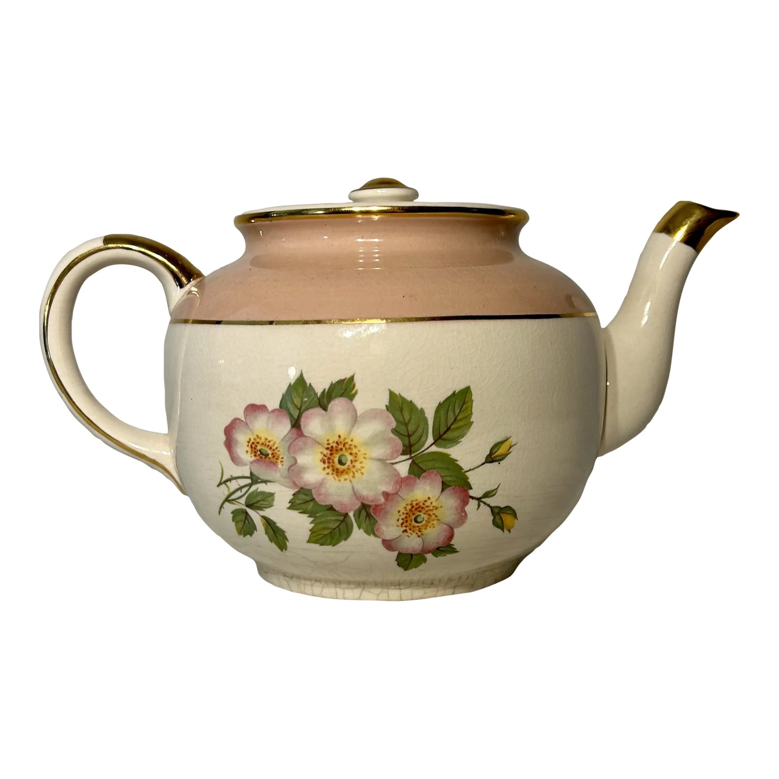 1950s Ellgreave Pink Floral Tea Pot With Gold Trim | Chairish