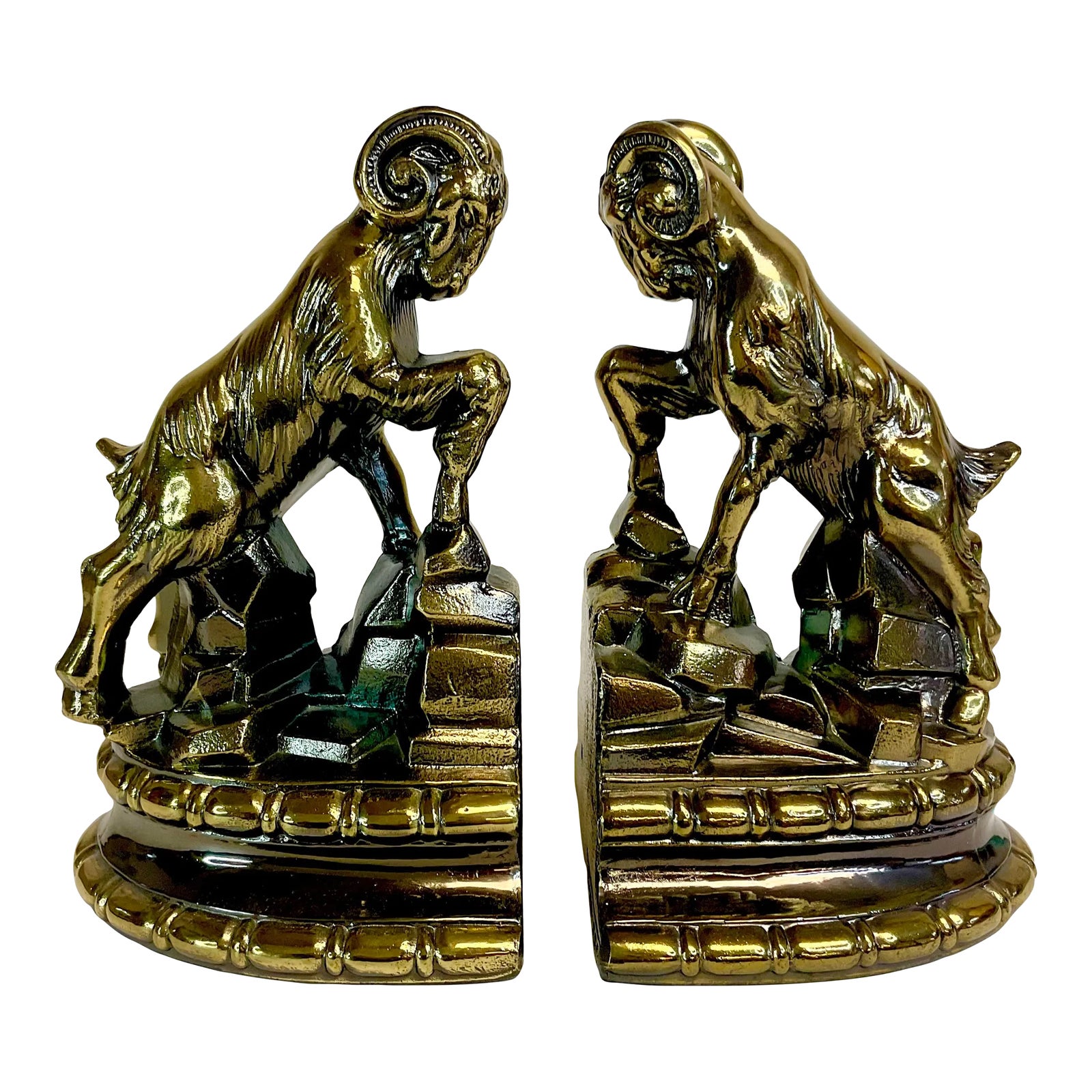 1974 Arts & Crafts Rustic European Big Horn Sheep Metal Bookends - a ...