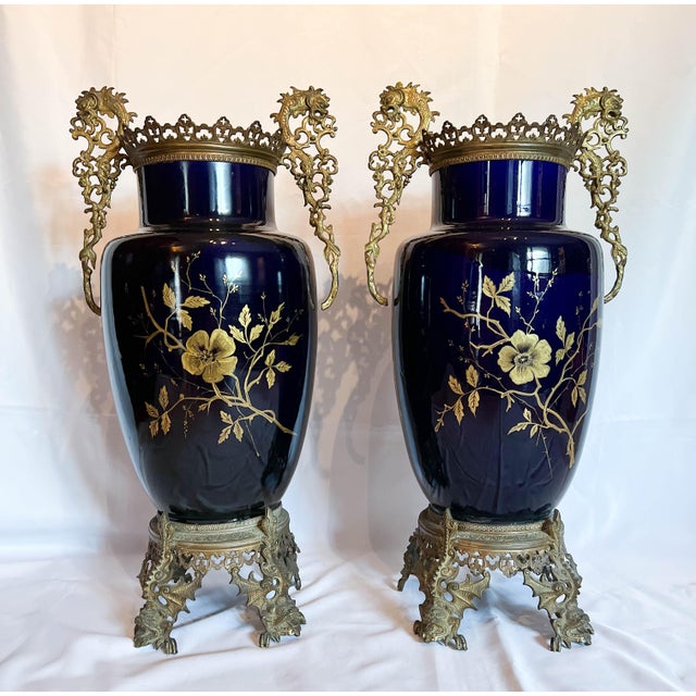 Pair of 19th Century Large Sèvres Cobalt Blue Urns | Chairish