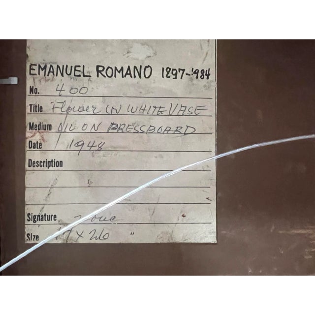 1948 E. Romano "Flower in White Vase" Oil Painting on Pressed Board ...
