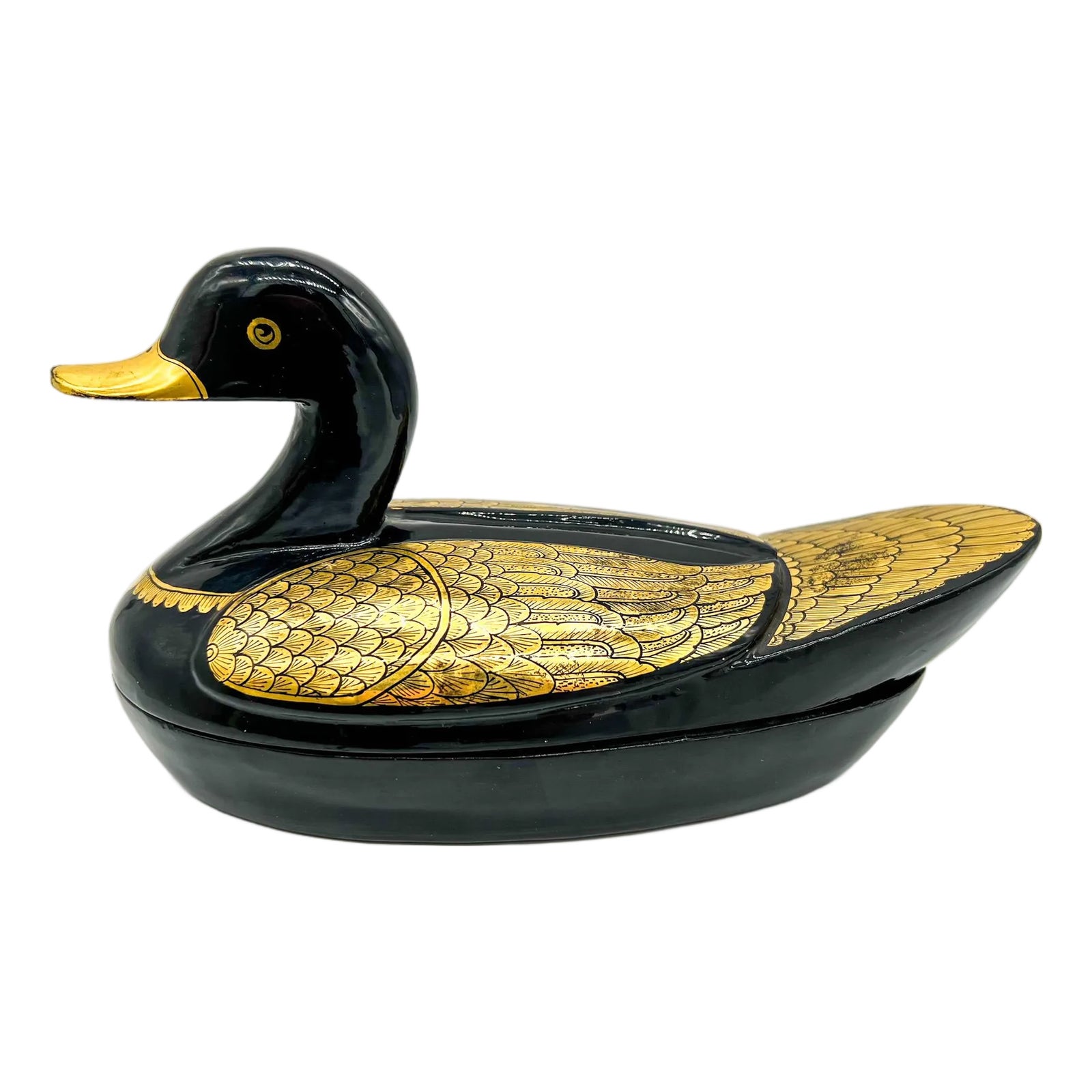 Large Black Lacquer Duck Box With Applied Gold Feather Design ...