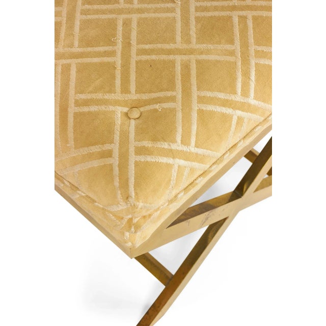 Mid-Century Brass and Lattice Patterned Tan Upholstered X-Benches - a ...