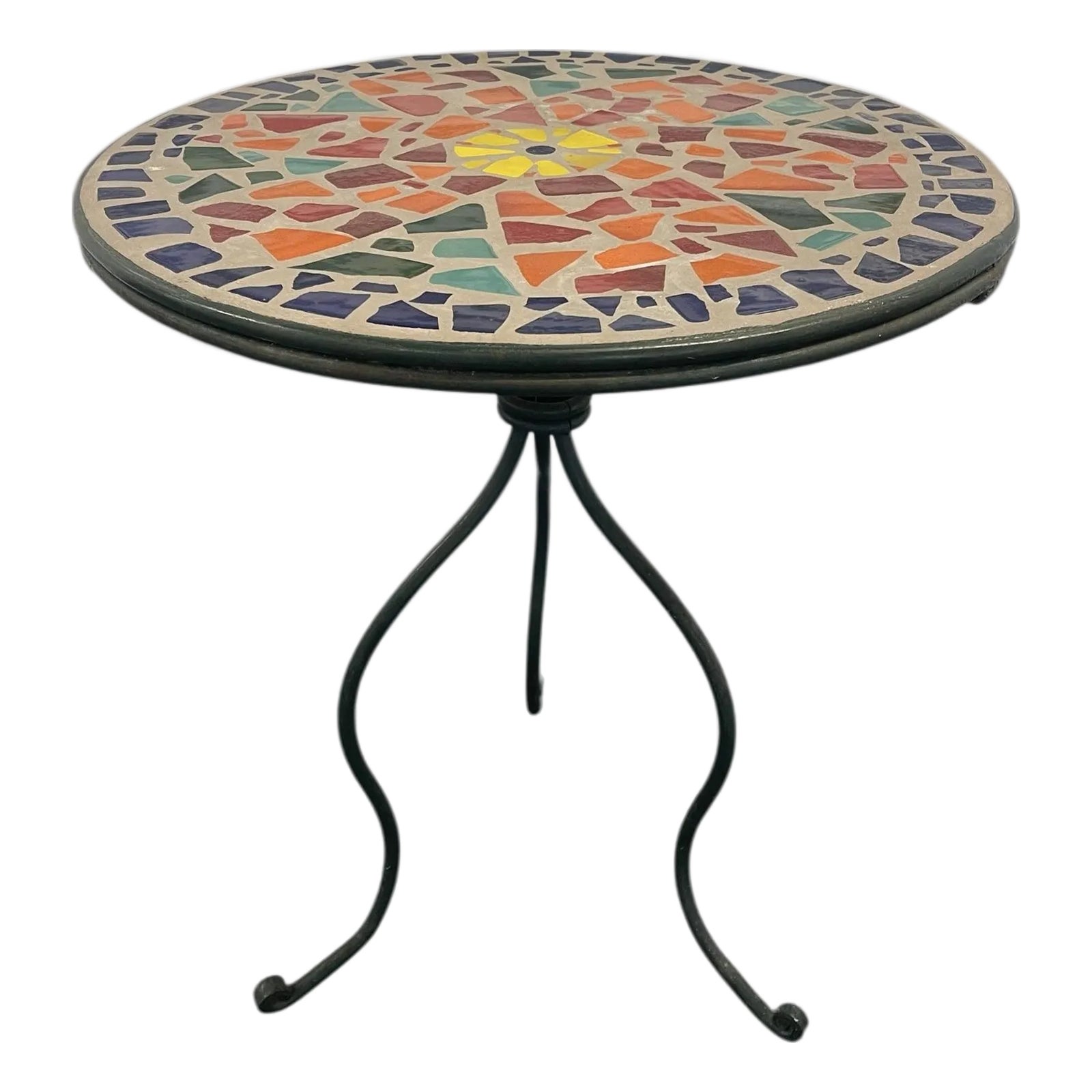 Vintage Mosaic Tile Bistro Side Table With Wrought Iron Base | Chairish