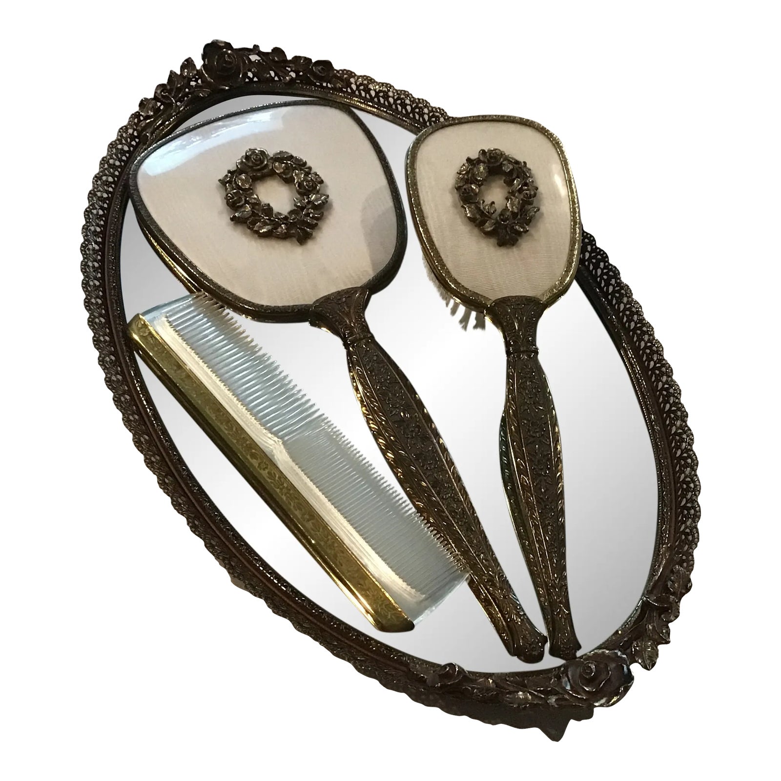 Vintage 1950’s Hollywood Regency Gold Tone Rose Vanity Set - 4 Piece ...