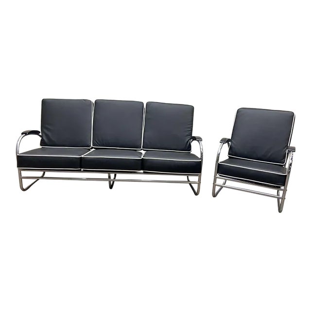 1930s Art Deco Chrome Tubular Sofa & Lounge Chair Set in Black Leather ...