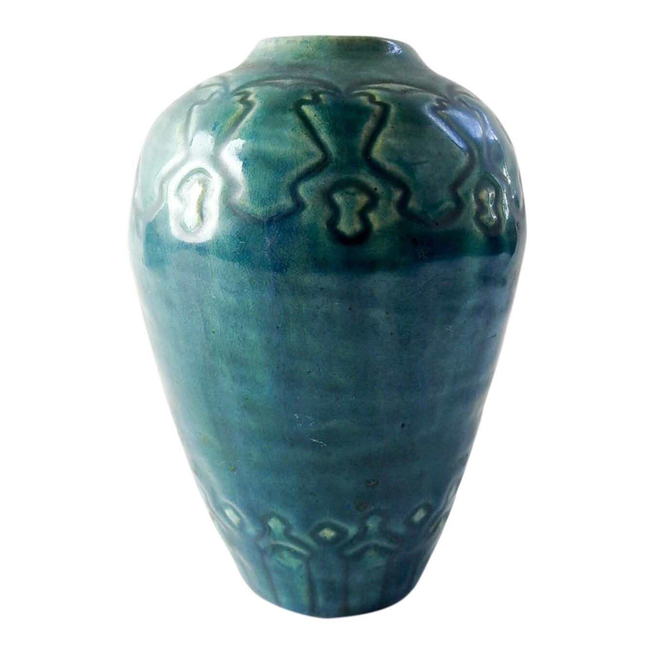 Early 20th Century Arts & Crafts Teal Pottery Vase | Chairish