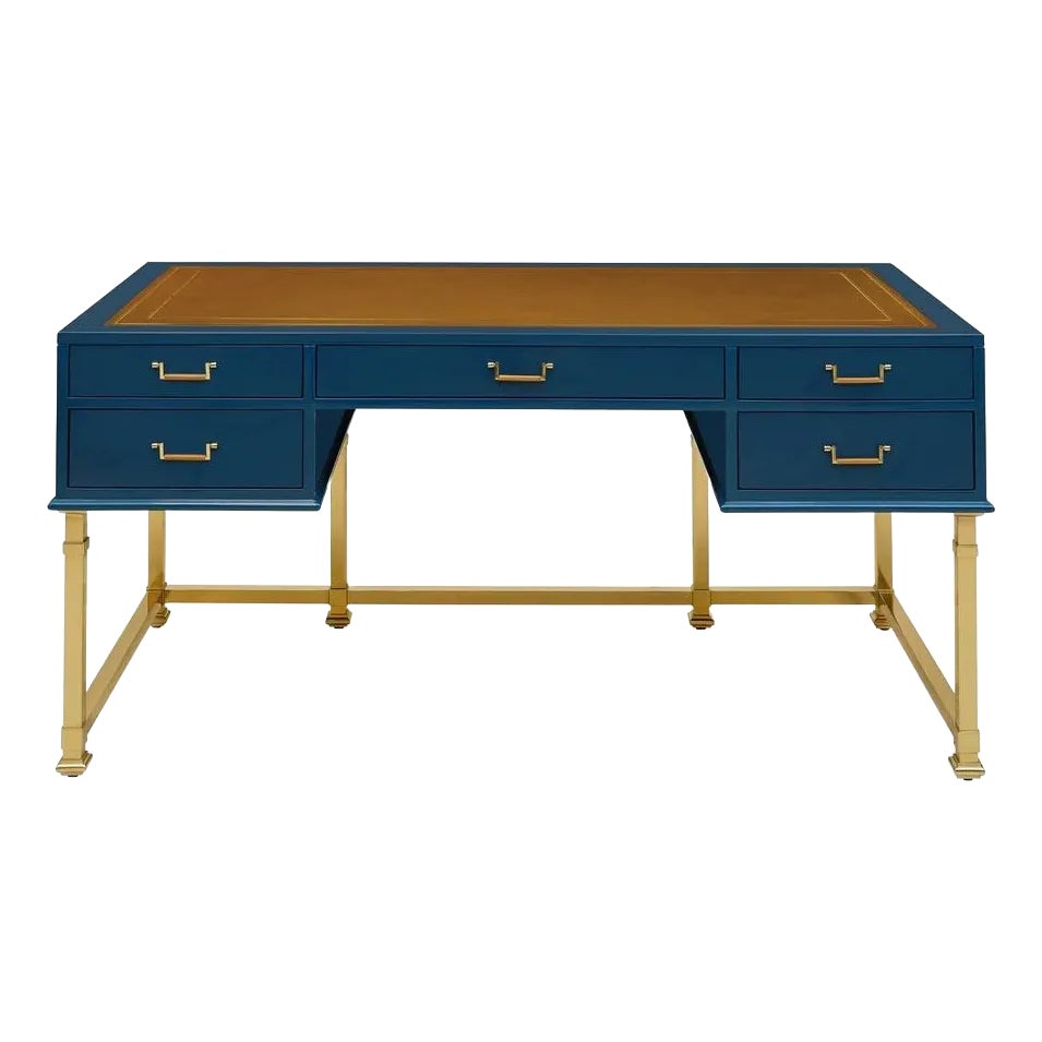 Bunny WIlliams Home Alix Desk in Blue Lacquer with Tan Leather | Chairish