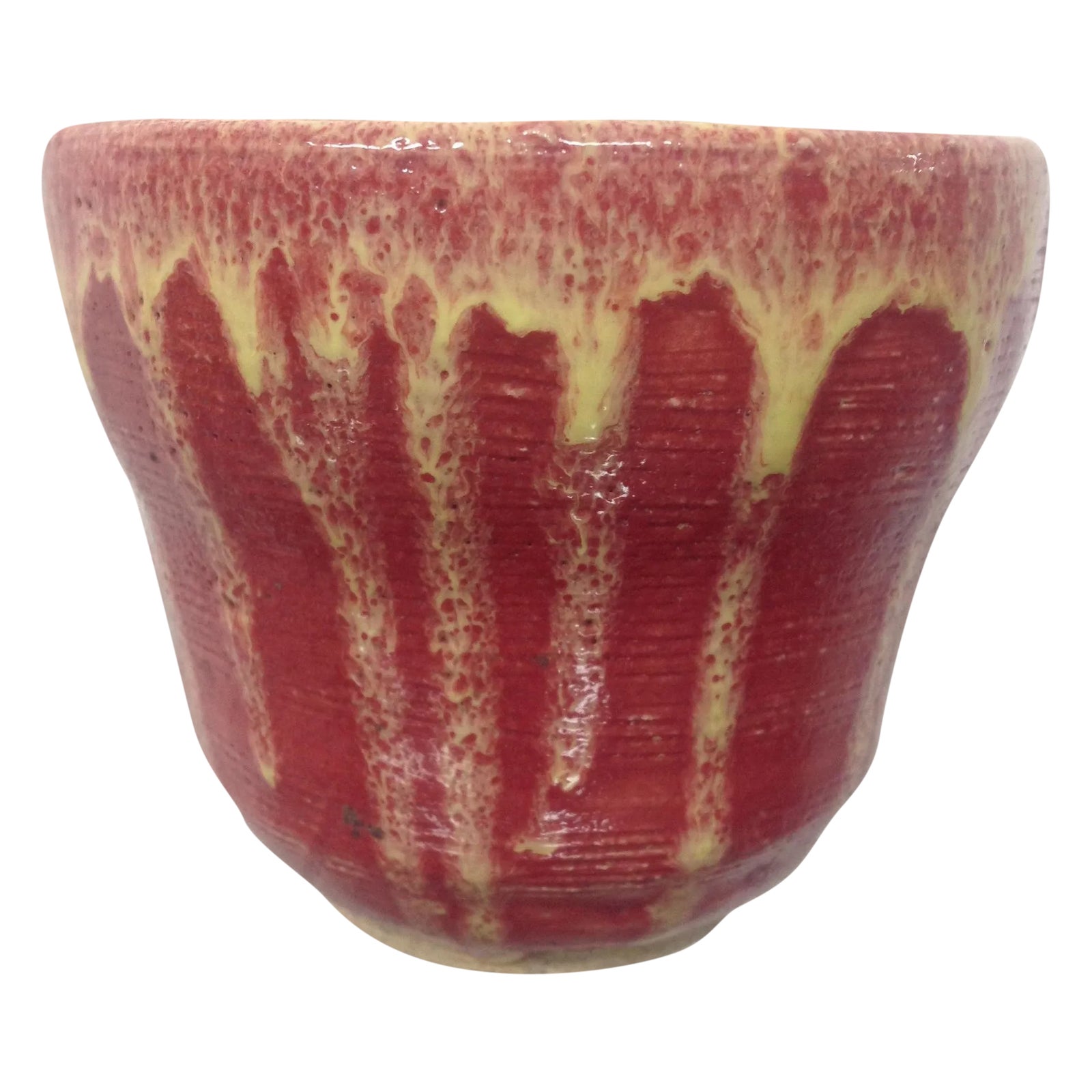 Red With Yellow Drip Studio Pottery Stoneware Vase | Chairish