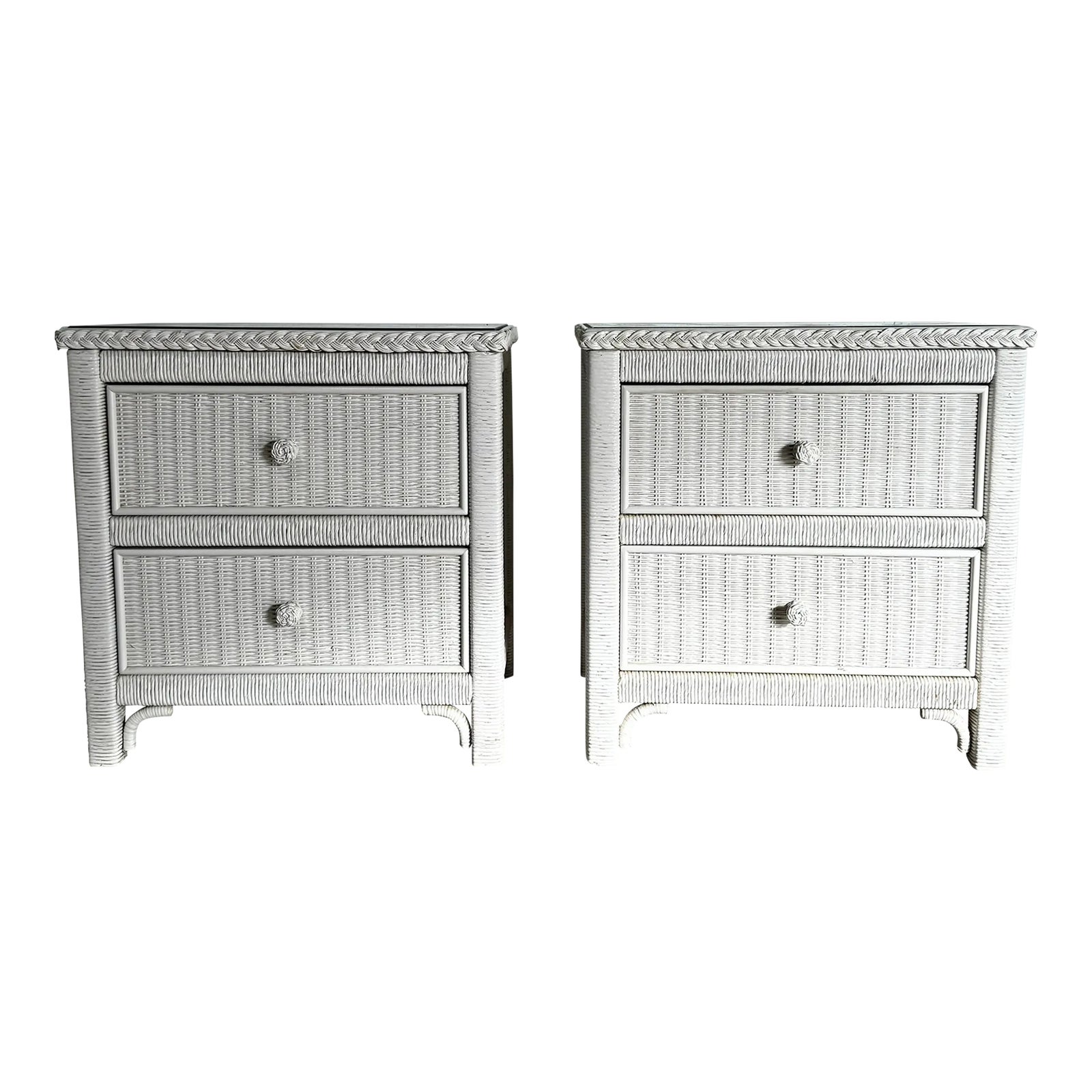 Coastal White Henry Link Wicker Glass Top Nightstands by Lexington ...