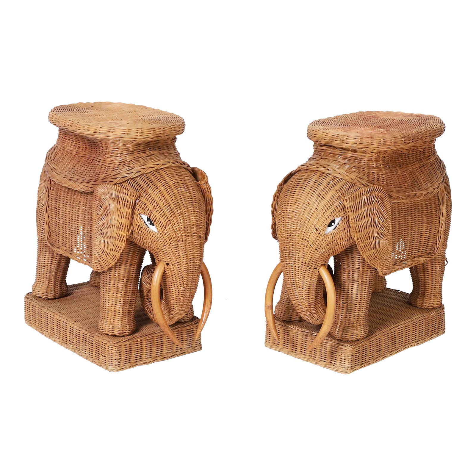 Pair of Mid Century Wicker Elephant Stands | Chairish