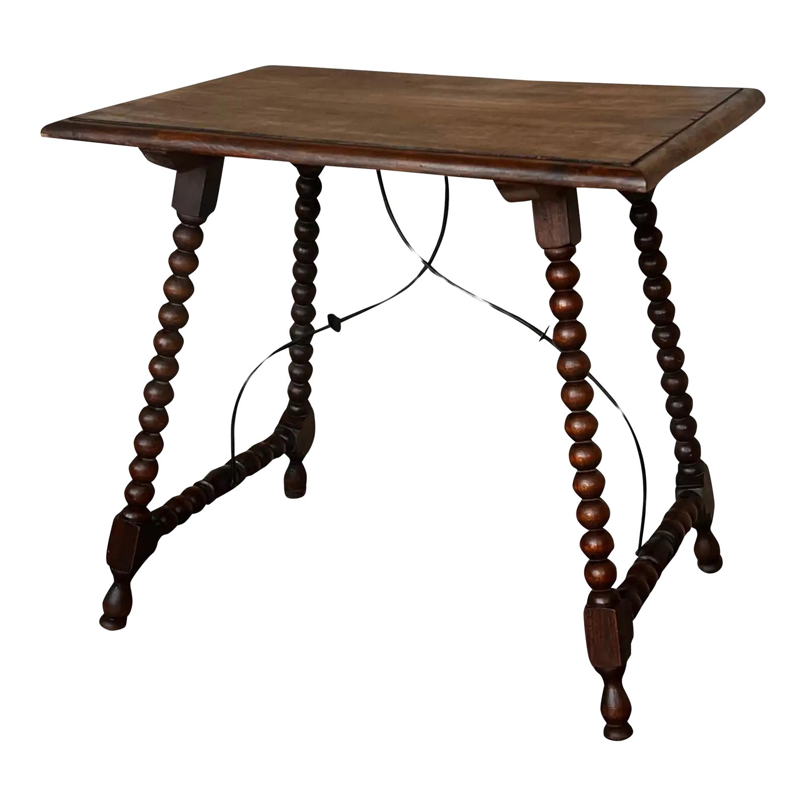 19th Spanish Side Table With Cared Turned Legs and Iron Stretcher ...