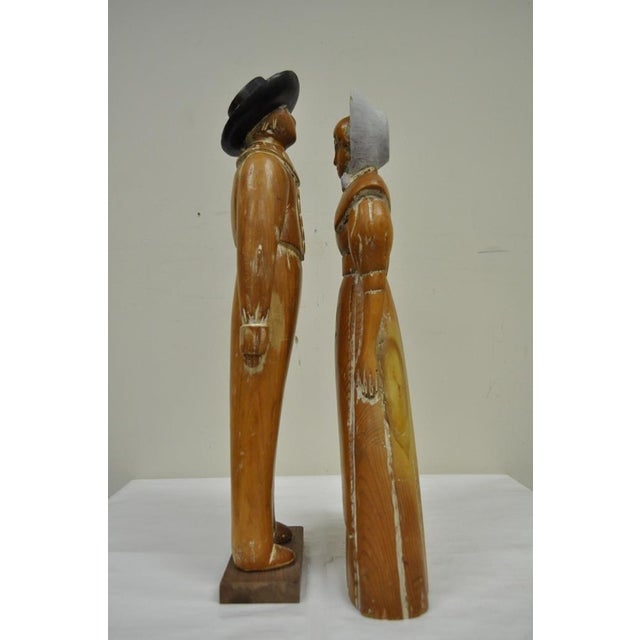 Pine Hand Carved Quaker Couple Figurines - A Pair | Chairish