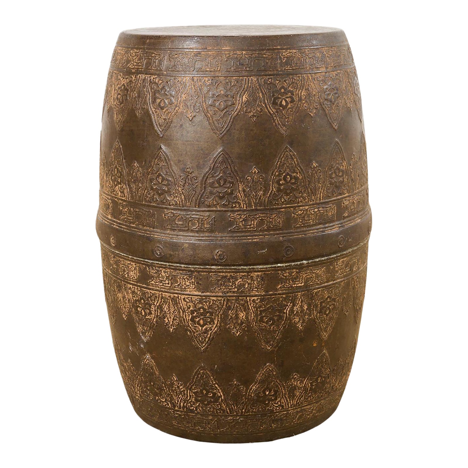 Anglo Patinated Metal Drum Shaped Stool or Drink Table | Chairish