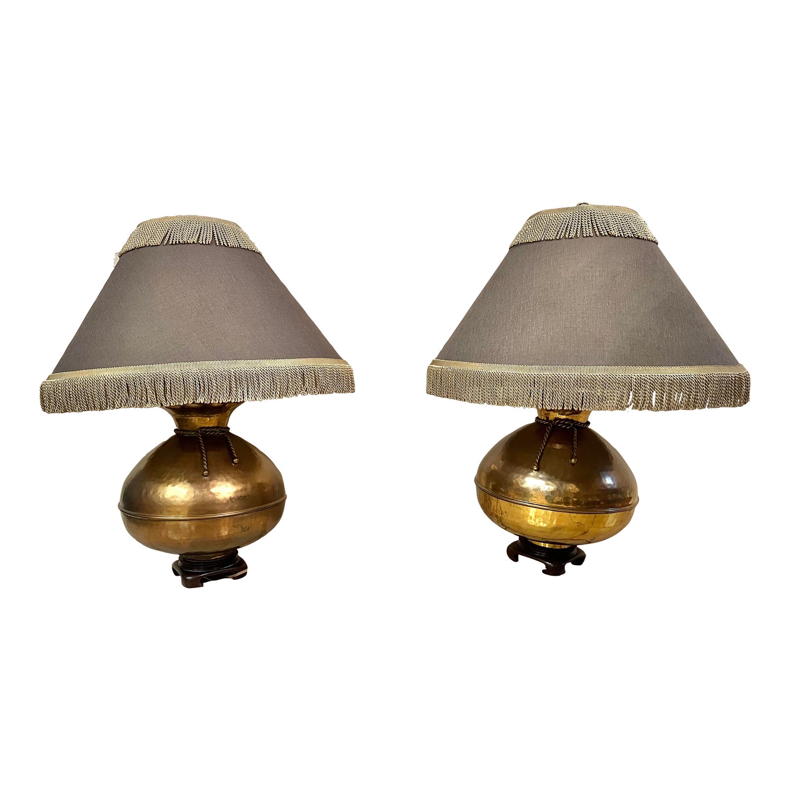 1970s Vintage Hammered Round Brass Lamp With Shades - a Pair | Chairish