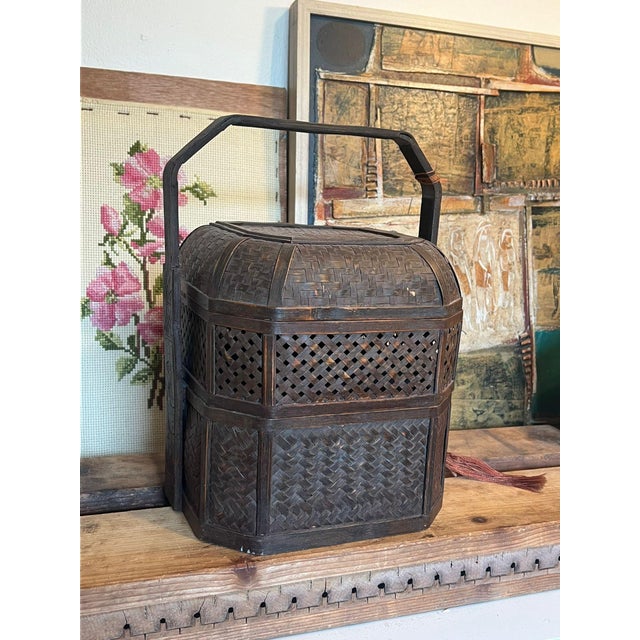 Antique Chinese Carved Wicker and Bamboo Lunch Box Basket. | Chairish