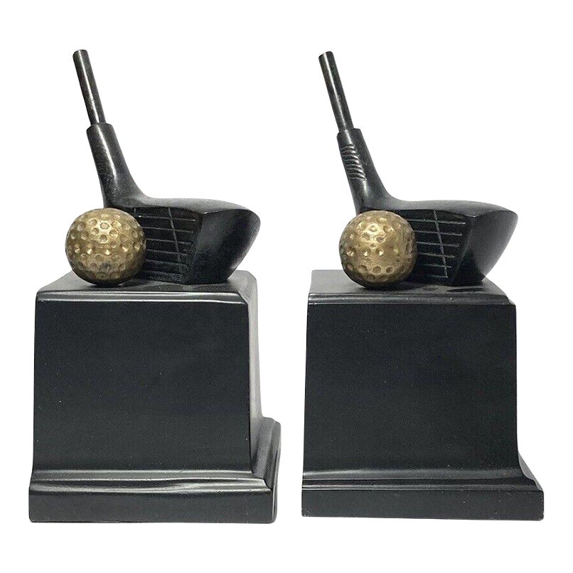 1990s Pair of Cast Iron & Bronze Golf Club & Ball Black Bookends | Chairish