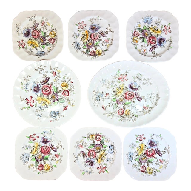 Vintage Set of Spring Flowers Ironstone Plates - Set of 8 | Chairish