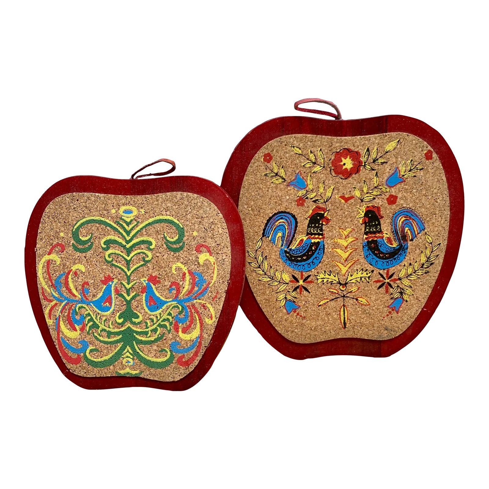 Cheerful Vintage Americana Rooster Motif Cork & Wood Hot Plates, Set of ...