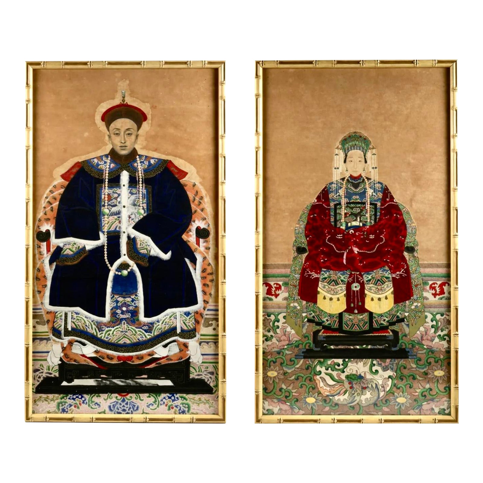 Pair of Chinese Ancestral Portraits in Faux Bamboo Frames | Chairish