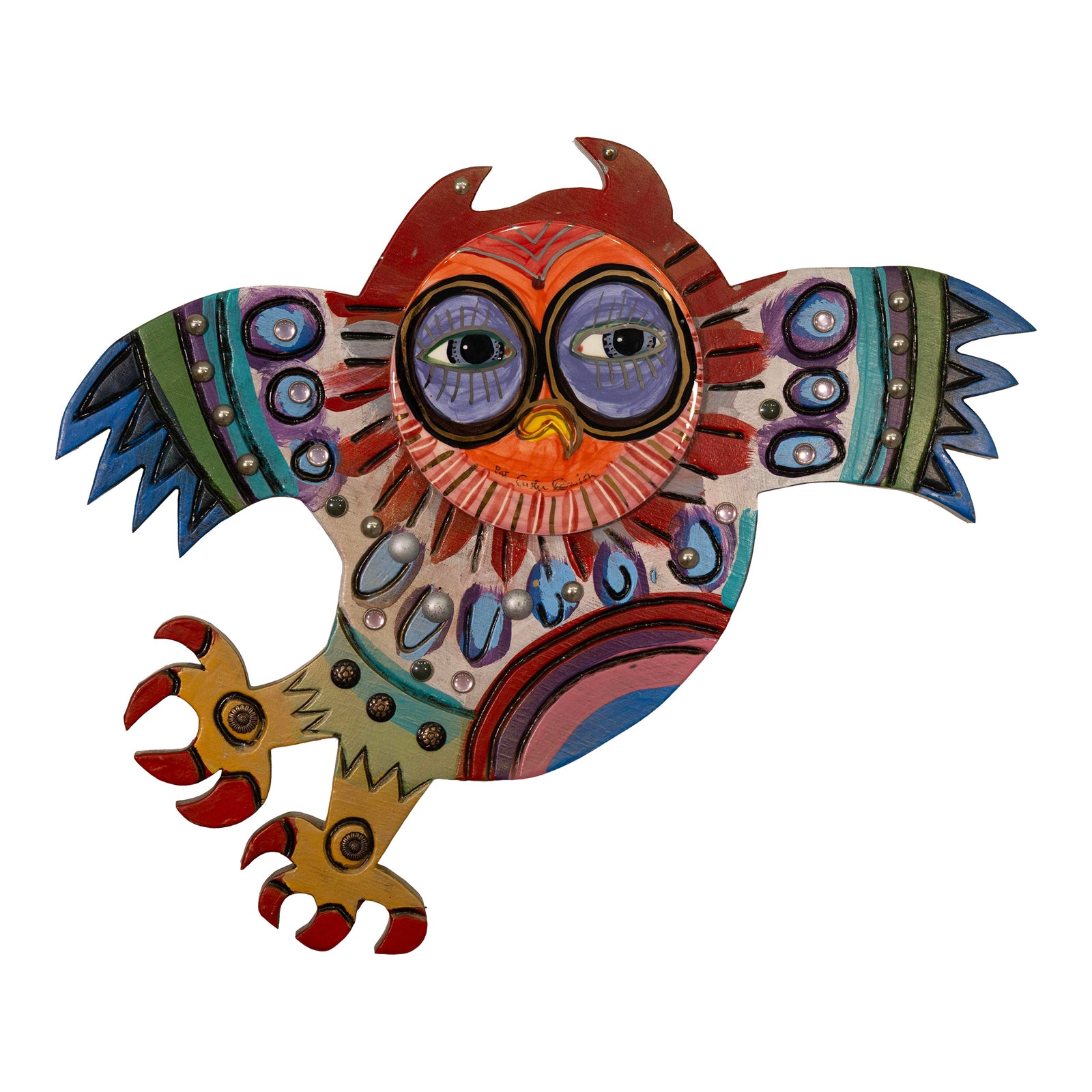 Pat Custer Denison Mixed Media Hanging Folk Art Owl | Chairish