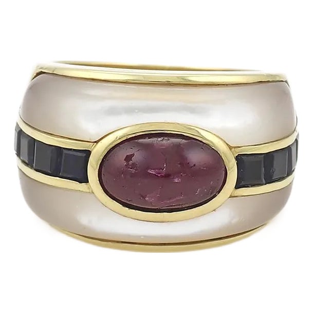 Signed 4.40ct Ruby Sapphire 18k Yellow Gold MOP Ring | Chairish