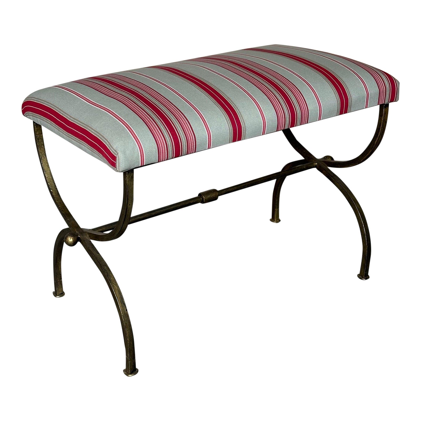 Spanish Iron Bench in Striped Fabric | Chairish
