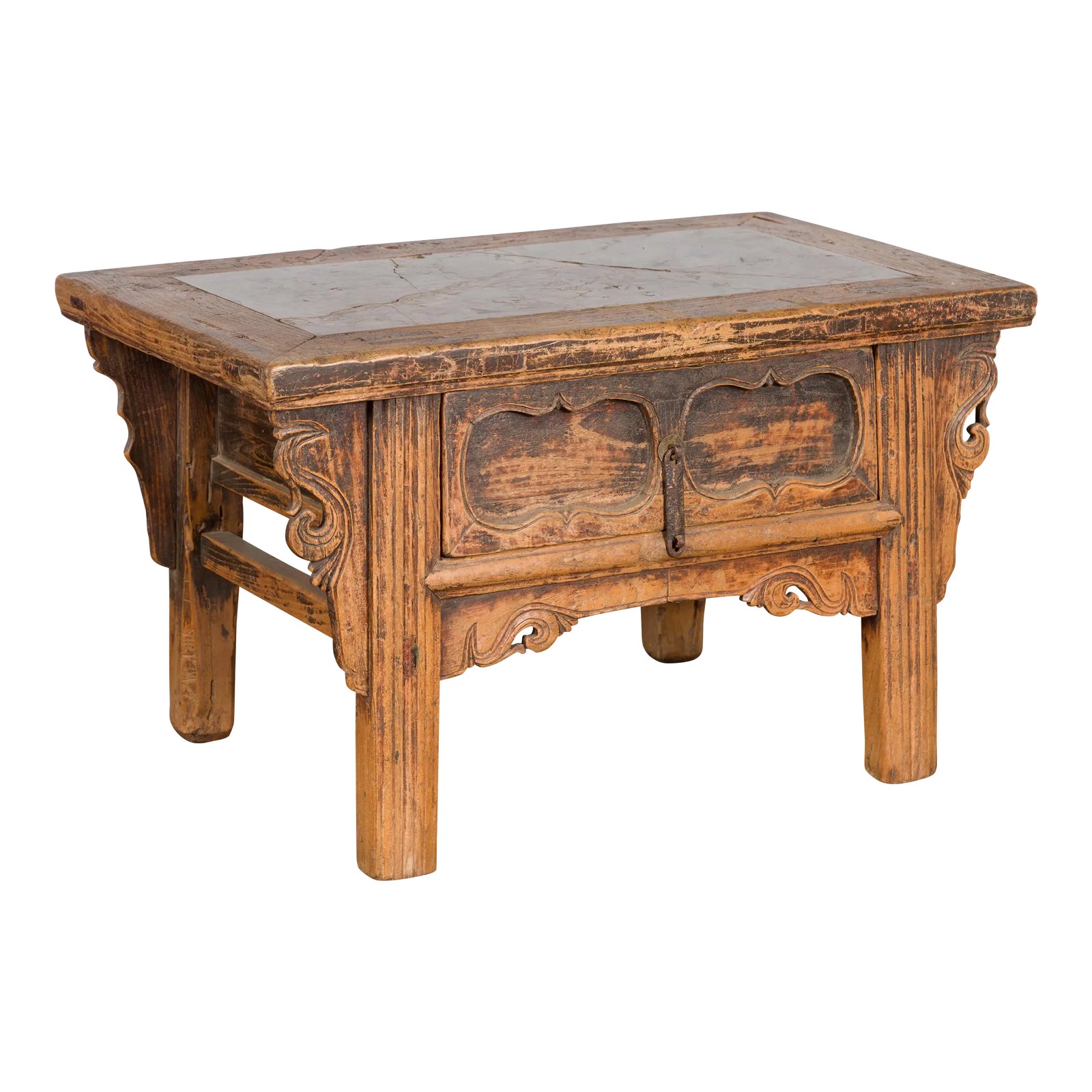 Chinese Qing Dynasty 19th Century Carved Low Elm Table with Ming Stone ...