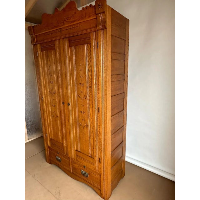 1930s Oak Wooden Wardrobe Armoire Closet Ornate Top & Flower Design ...