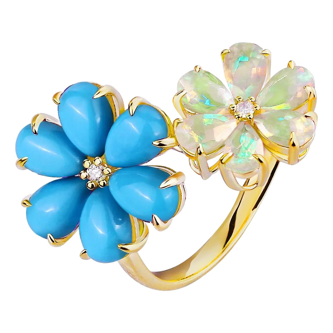 Kai Flora Blossom Turquoise and Opal Cocktail Ring in 14k Yellow Gold ...