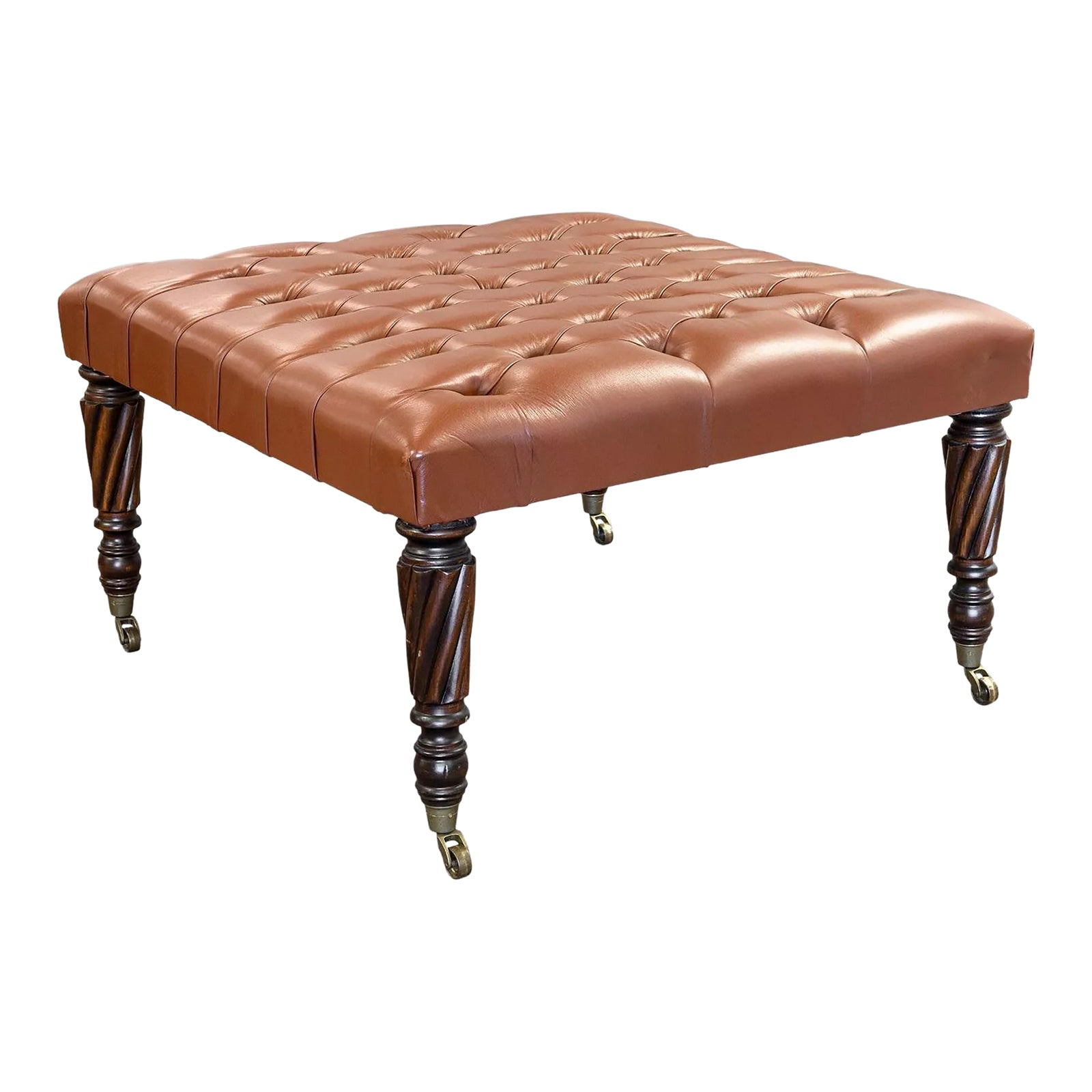 Contemporary Square Tufted Brown Italian Leather Ottoman on Brass ...